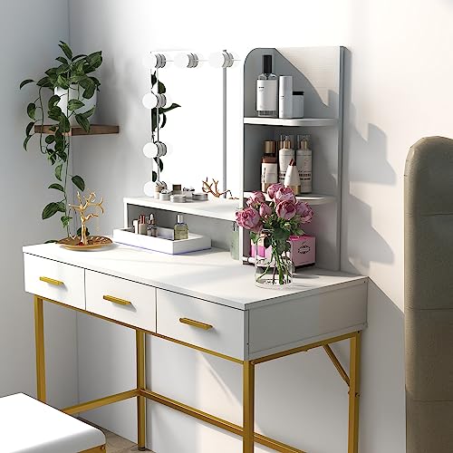 Vanity Table with Lighted Mirror, 3 Drawers Makeup Desk Dressing Table with Lots Storage Vanity Set with Wider Cushioned Stool for Bedroom (White)