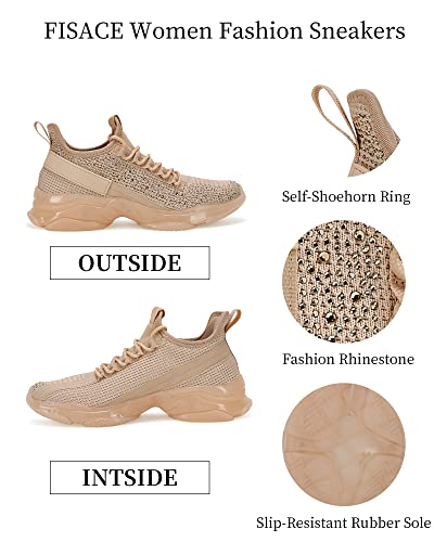 FISACE Womens Slip On Walking Shoes Glitter Rhinestone Breathable Lightweight Running Sneakers Rose