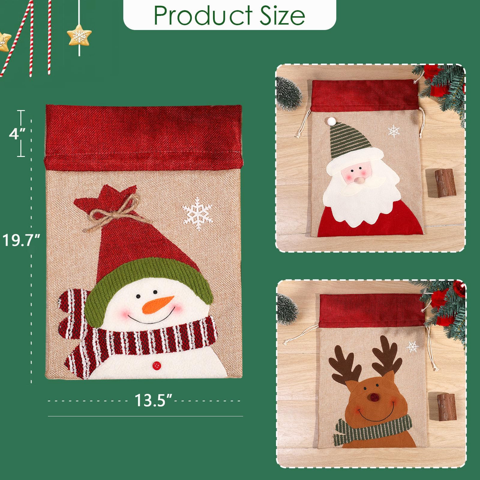 ECLAVIOS Santa Sacks Drawstring Christmas Bags, Large Cloth Christmas Gift Doll Bags, 19.7"x13.5" Reusable Christmas Xmas Holiday Gift Sacks (3PCS)