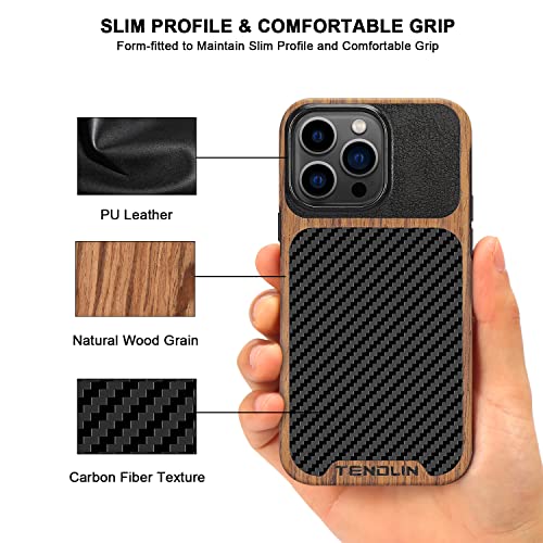 TENDLIN Compatible with iPhone 14 Pro Max Case Wood Grain with Carbon Fiber Texture Design Leather Hybrid Slim Case Black