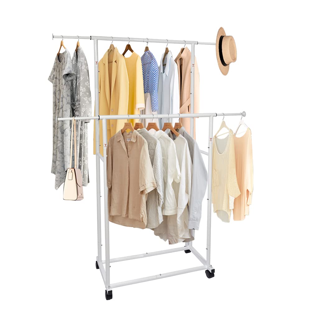 Fishat Simple Standard Double Rod Clothing Metal Garment Rack, Rolling Clothes Organizer on Lockable Wheels (White)