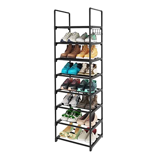 YAHAO 8 Tiers Tall Shoe Rack Narrow for Entryway, Sturdy Metal Shoe Rack Organizer with Side Hooks, Free Standing Shoe Rack for Closet