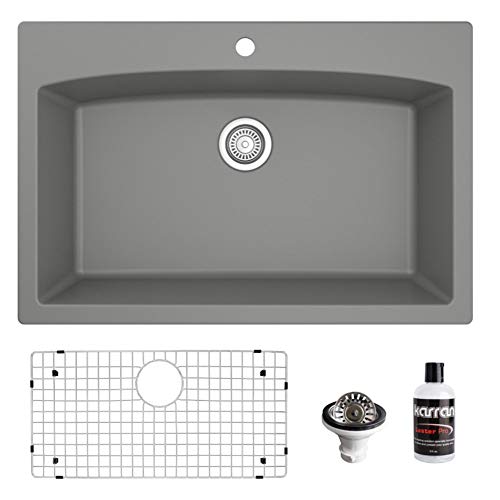 Karran QT-712 Drop-In Quartz Composite 33 in. 1-Hole Single Bowl Kitchen Sink Kit in Grey