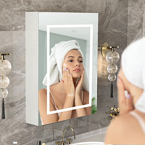 Mepplzian LED Bathroom Mirrored Medicine Cabinet Lighted Medicine Cabinet Wall Mounted Mirror Cabinet with 3 Storage Shelf Medicine Cabinet with Led Lights and Defogger,US Plug Adapter,23.6x29.9Inch