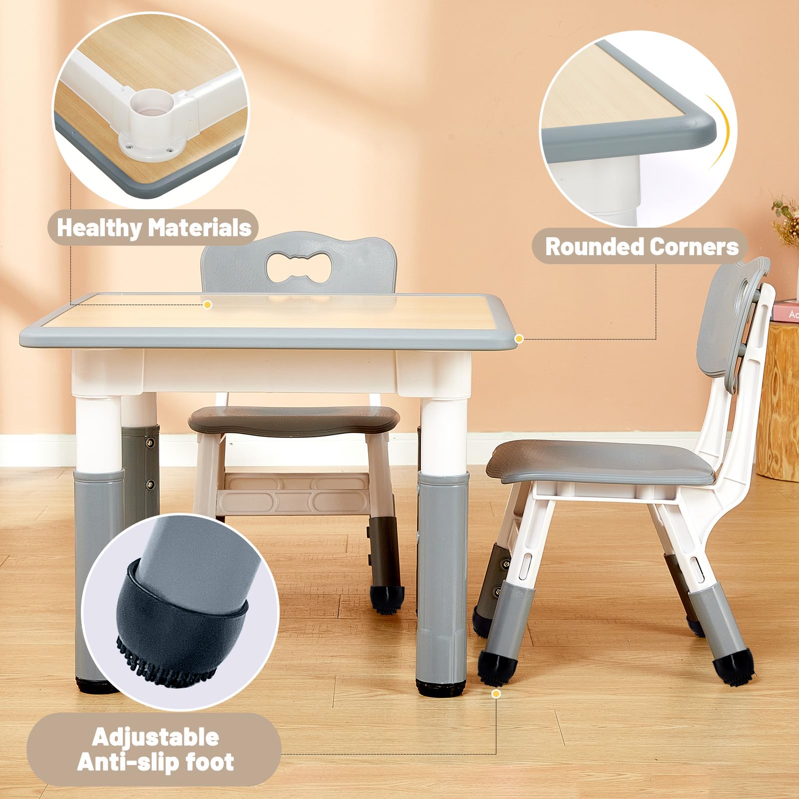 FUNLIO Kids Table and 2 Chairs Set for Ages 3-8, Height Adjustable Toddler Table and Chair Set, Easy to Wipe Arts & Crafts Table, for Classrooms/Daycares/Homes, CPC & CE Approved (3pcs Set) β Grey