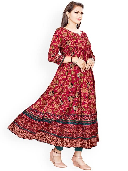 Women's Rayon Sanganeri Printed Long Anarkali Kurti With Tasseles (Maroon, Large)