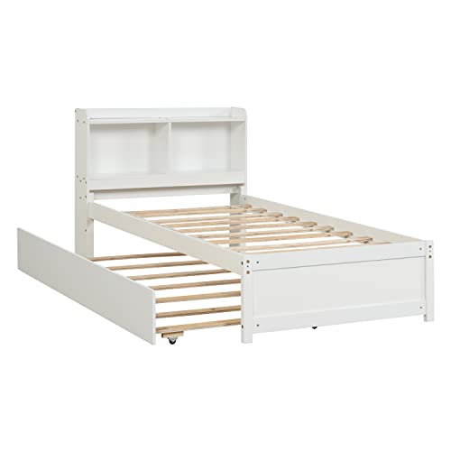 Twin Bed with Trundle, Twin Size Platform Bed with Bookcase Headboard and Pull Out Trundle Bed, Wooden Twin Bed Frame with Storage Shelves, No Box Spring Needed (Twin, White)