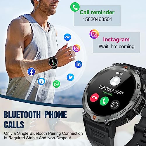 Military Smart Watch for Men with Flashlight(Bluetooth Call/Answer), 1.45β Rugged Tactical Smartwatch for Sleep Heart Rate Pedometer, Outdoor Fitness Tracker Compatible with Android iPhone Black