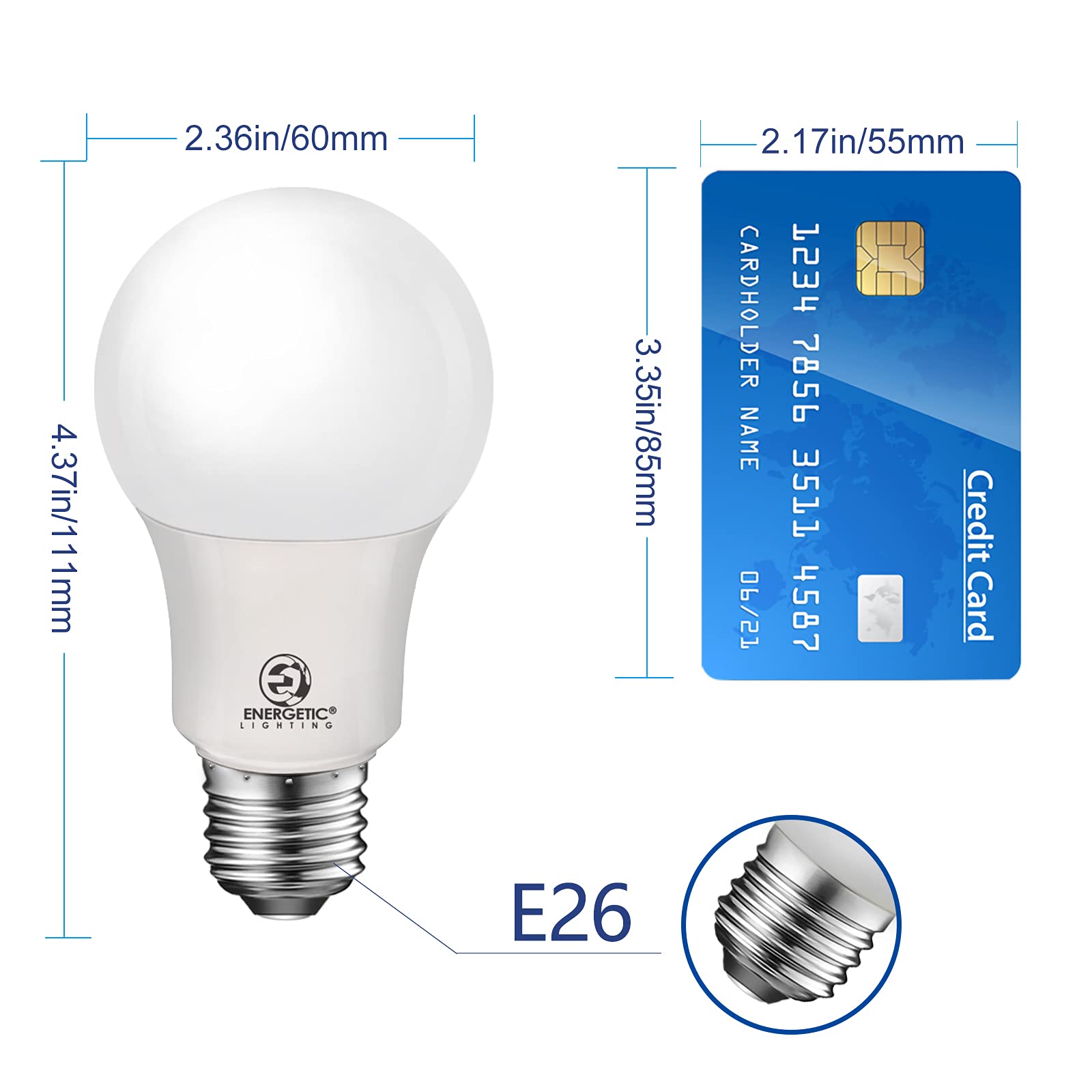 Energetic 60 Watt LED Light Bulb Daylight 5000K, Dimmable A19 LED Bulb, Energy Star Rated, CRI90+, 800lm, UL Listed, 6 Pack