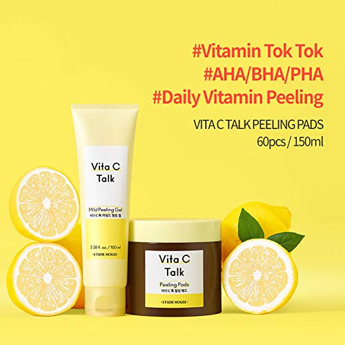 ETUDE Vita C Talk Peeling Pads (60pc) | Dual-Sided Daily Moisturizing Pads with Lemon Extract and Vitamin-C | Korean Skin Care