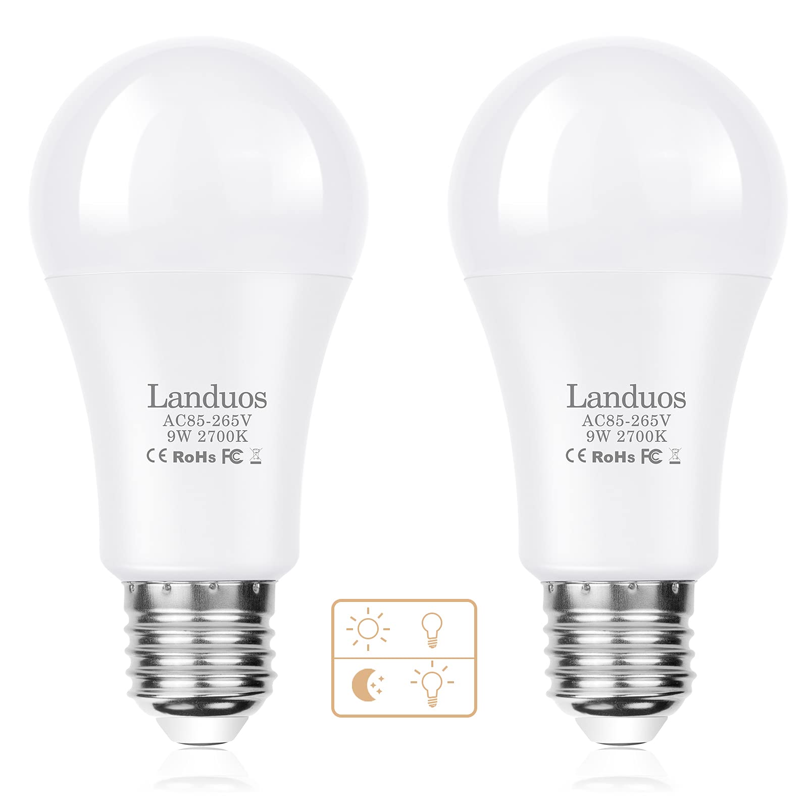 Dusk to Dawn Light Bulb A19 2700K 9W (100W Equivalent) Smart Sensor Light Bulbs Super Bright Automatic On/Off E26 Security Lights Indoor/Outdoor Yard Porch Patio Garden (Warm White Pack of 2)