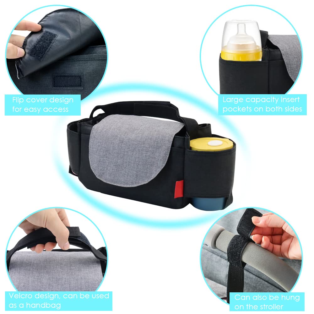 Stroller Organizer Bag, Universal Stroller Organizer, Stroller Storage Bag with Cup Holder, Stroller Caddy with Multiple Pockets for Bottle, Diaper, Toy, Black