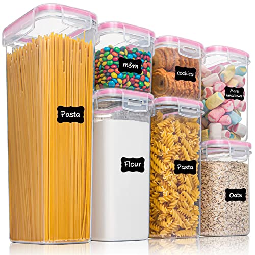 tyeloftute Airtight Food Storage Containers Set with Lids (7 Pack) for Kitchen and Pantry Organization Canister Set Free Marker and 7 Labels (Pink)
