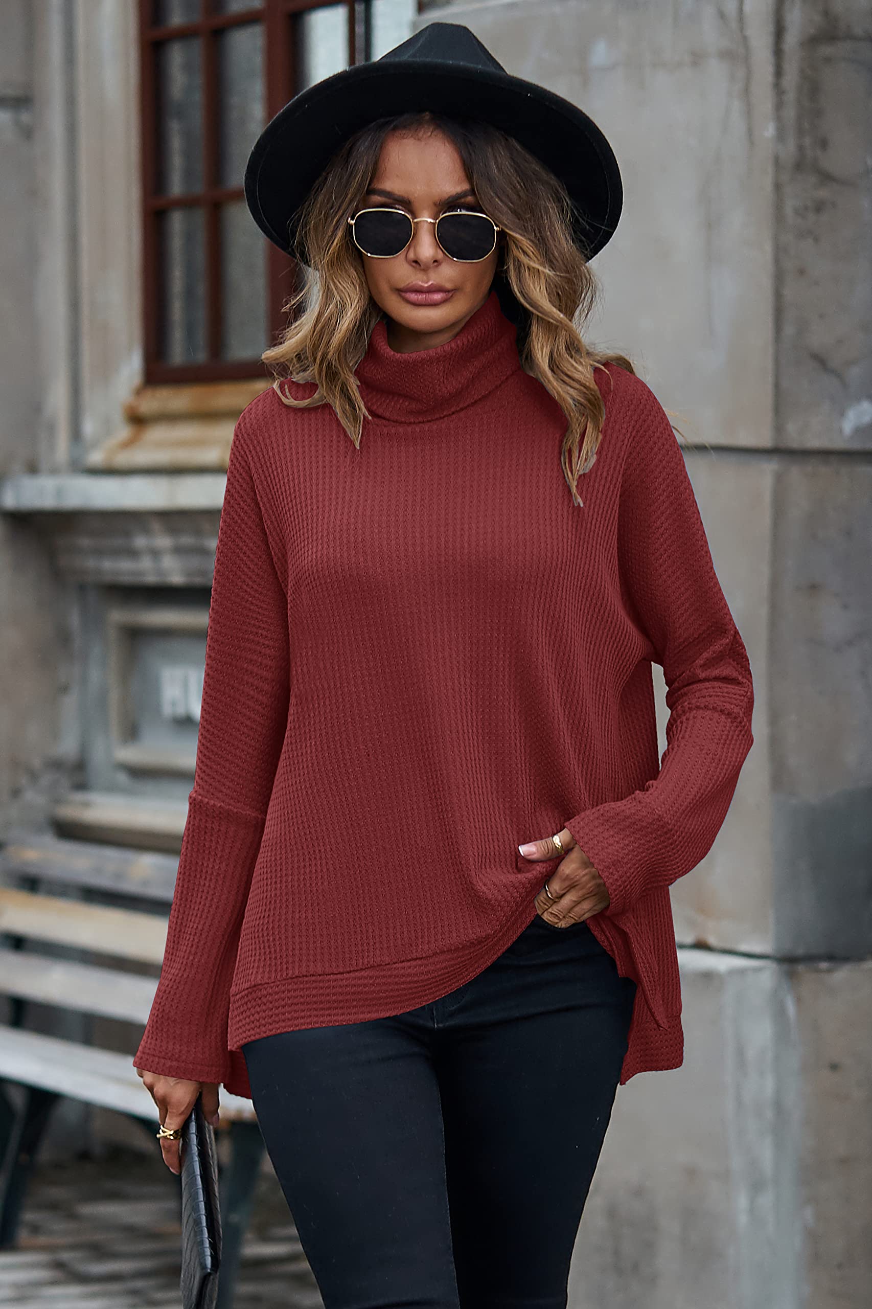Dokuritu Women's Turtleneck Long Sleeve Red Knit Sweater Causal Loose Cowl Neck Waffle Knit Tunic Tops High Low Side Slit Pullover(Red,S)