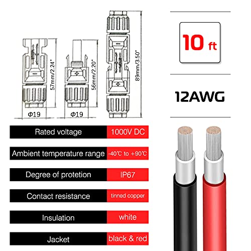 KEDAKEJI Solar Panel Extension Cable - 10 Feet 12AWG Solar Extension Cable with Female and Male Connector Solar Panel Wiring Wire Adapter (10FT Red + 10FT Black)