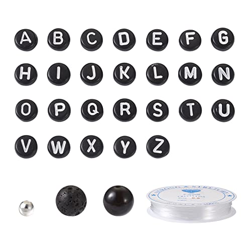 Pandahall 360-380Pcs Natural Black Onyx Lava Rock Gemstone Beads 8mm Healing Crystal Round Stones with A-Z Letter Spacer Beads Elastic String for Adults Diffuser Essential Oils Bracelets Making