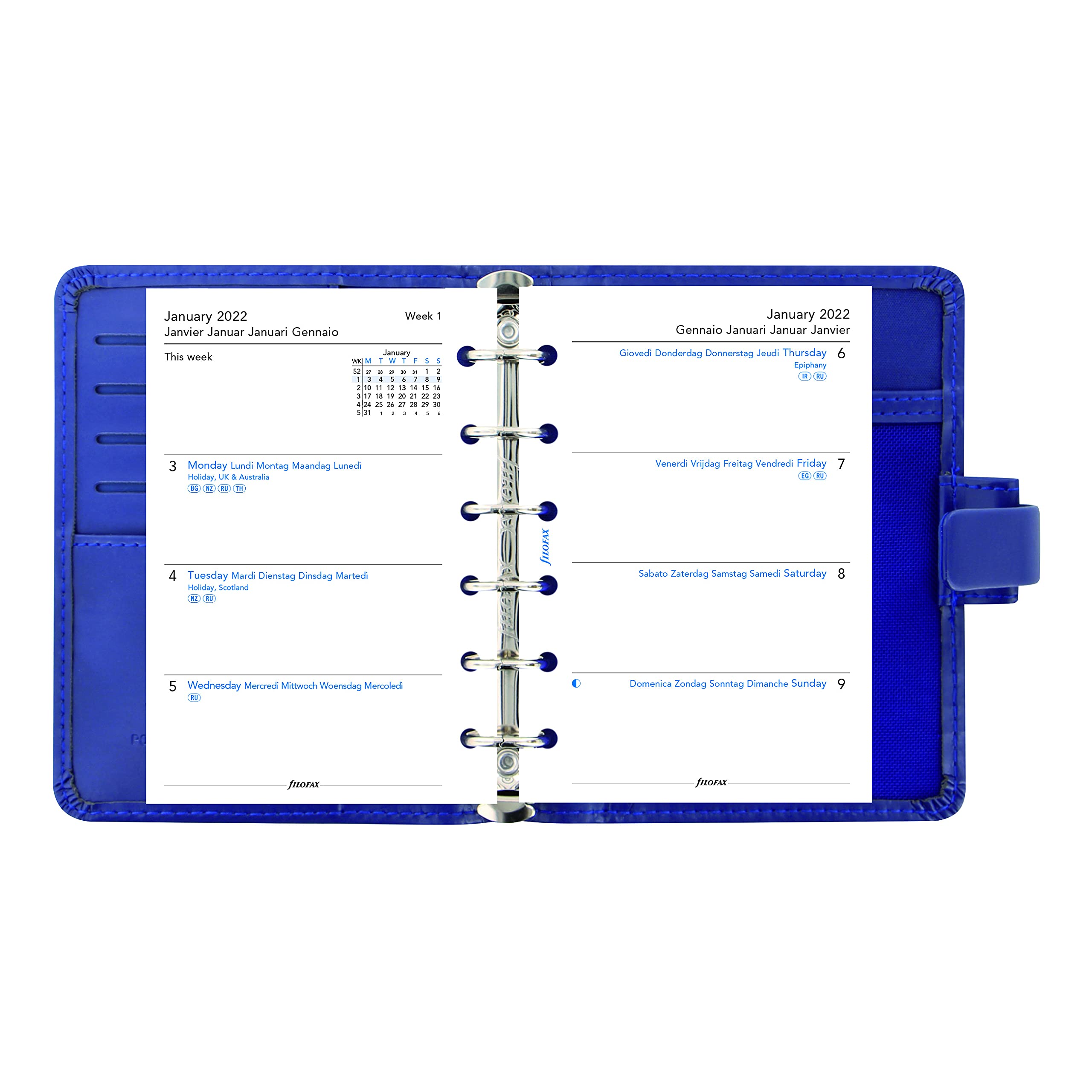 Filofax Metropol Organizer, Pocket Size, Navy - Leather-Look, Six Rings, Week-to-View Calendar Diary, Multilingual, 2022 (C026909-22)
