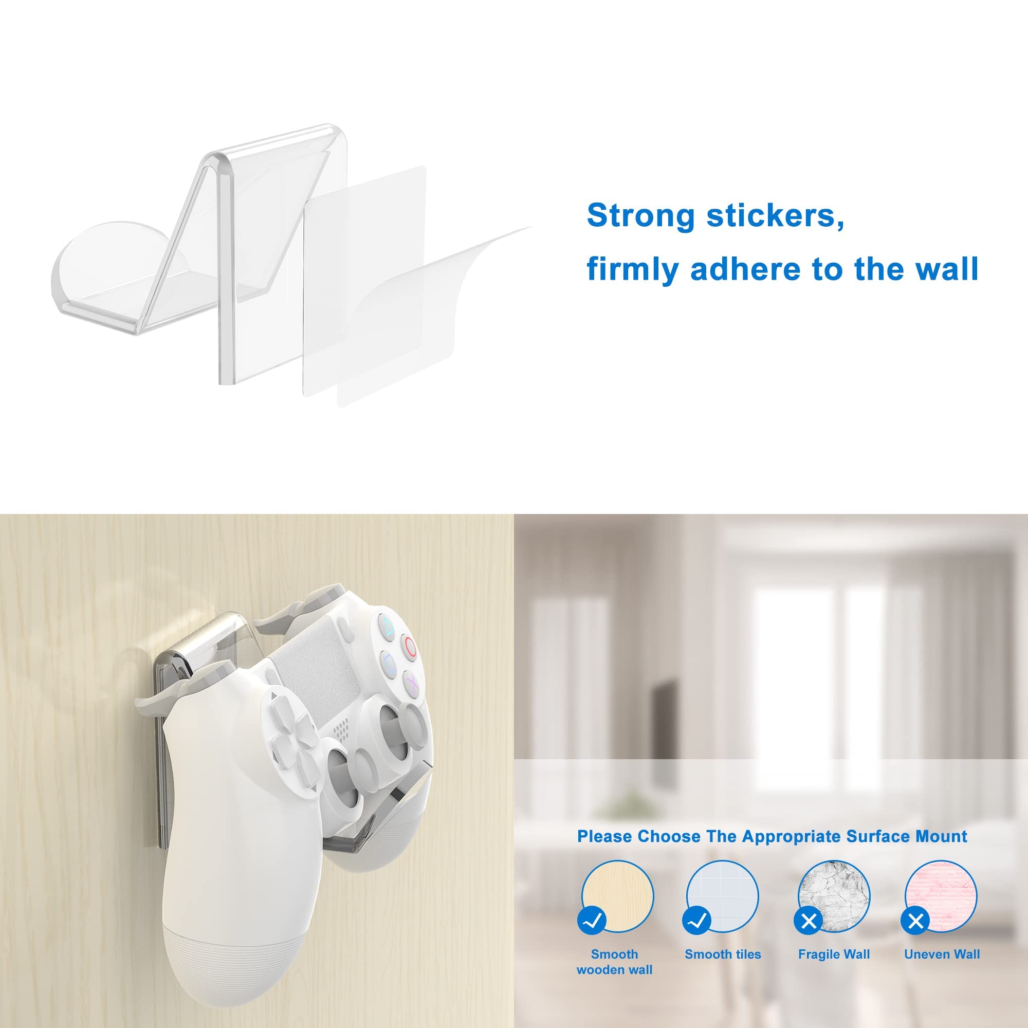 Game Controller Stand Holder Wall Mount - 2 Pack for Gaming&Audio Headsets Holder Hook, Controller Headset Stand Holder for PS5/PS4/Xbox Gamer Gifts,No Screws, Easy to Install (White)