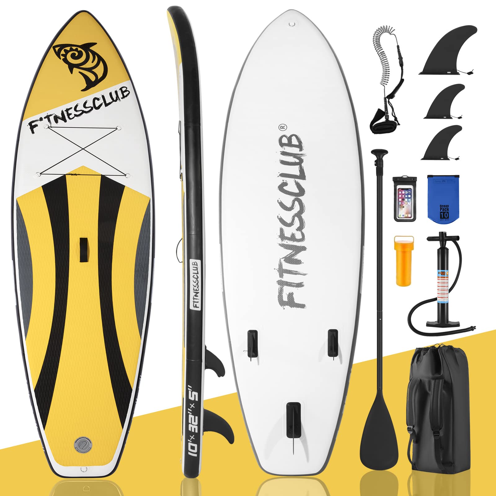Fitnessclub 10'x32''x5'' Inflatable Stand Up Paddle Board,Yoga Board,Camera Seat, Floating Paddle with SUP Accessories, Adjustable Paddle,10L Waterproof Bag,Pump, Backpack for Youth Adult(Yellow)