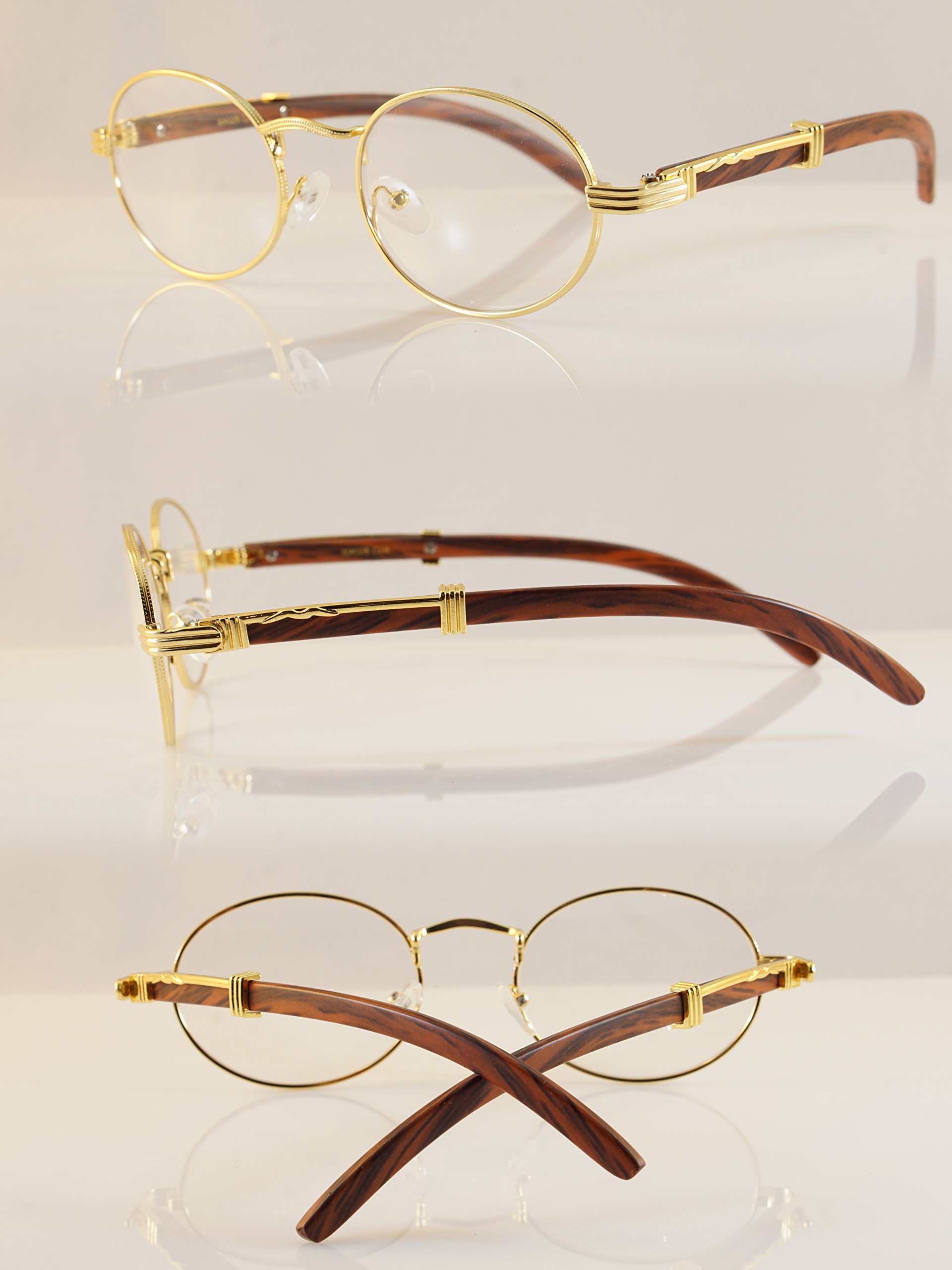 Fa.Beau.Lux FBL Vintage Oval Clear Lens Metal & Wood Feel Eyeglasses A103 (Gold/Brown)