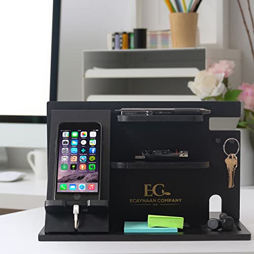 Wood Phone Docking Station Key Holder Wallet Stand Watch Organizer for Men Husband Dad - Anniversary Birthday Father Black Walnut