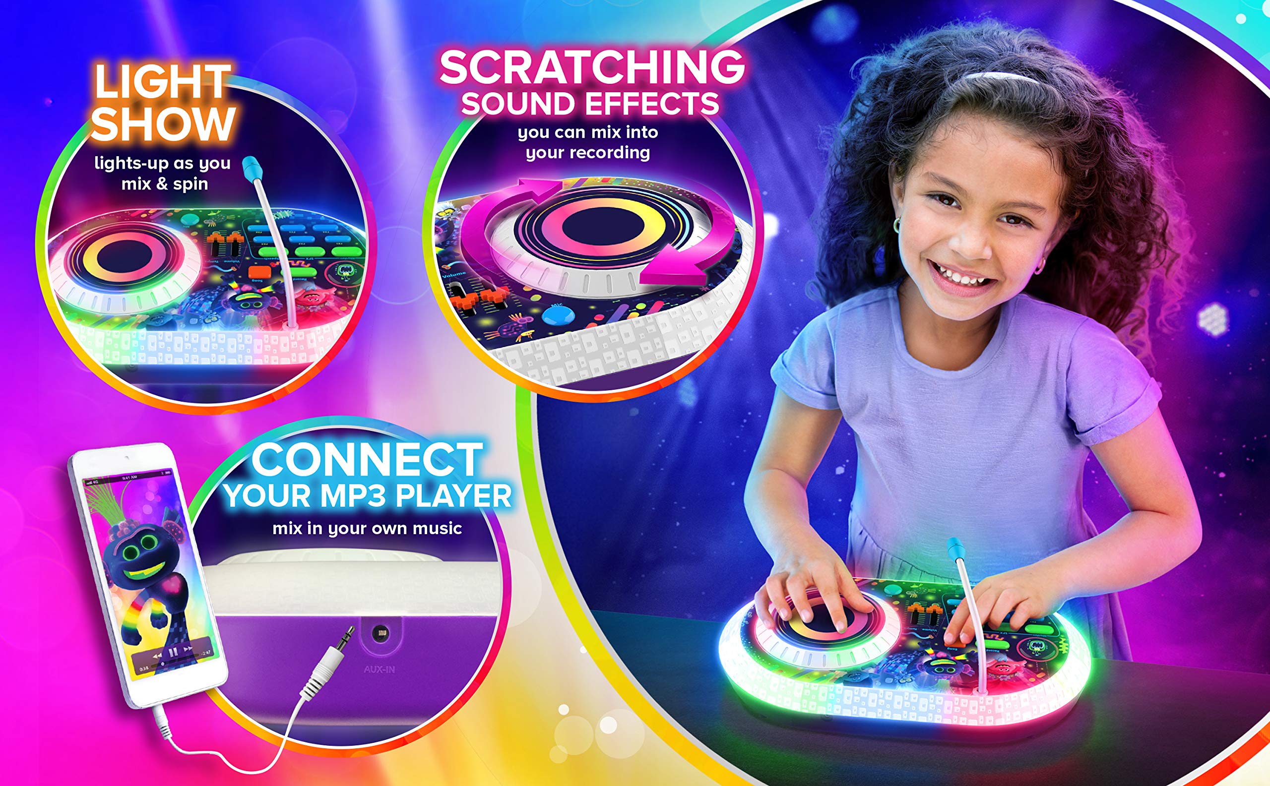 eKids Trolls World Tour DJ Trollex Party Mixer Turntable Toy for Kids Toddler Children, Built in Microphone, Record, Sound Effects, LED Light Show Medium