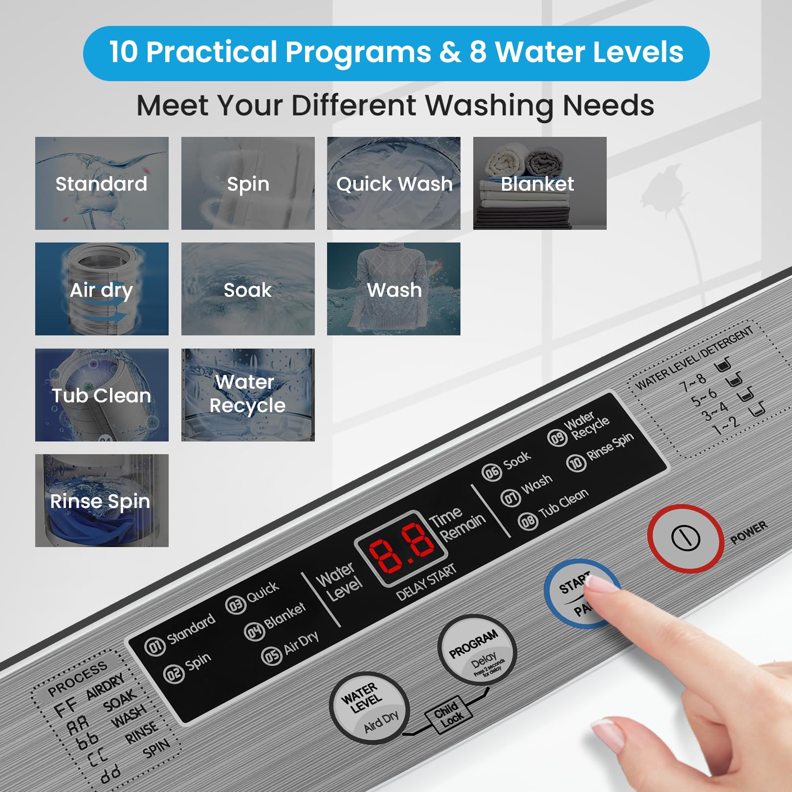 Nictemaw 1.8 Cu.Ft Portable Washing Machine, 13.5 lbs Portable Washer Dryer Combo with Drain Pump, Full Automatic Portable Washer with 10 Programs 8 Water Levels LED Display for Apartments, RV, Dorms
