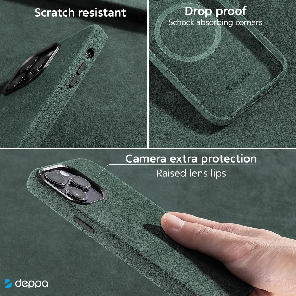 Deppa Full Body Alcantara case for iPhone 14 Pro Max (6.7') Shockproof Suede Cover with Magsafe Wireless Charging [Genuine Italian Alcantara] Enhanced Camera Protection| (Brown)