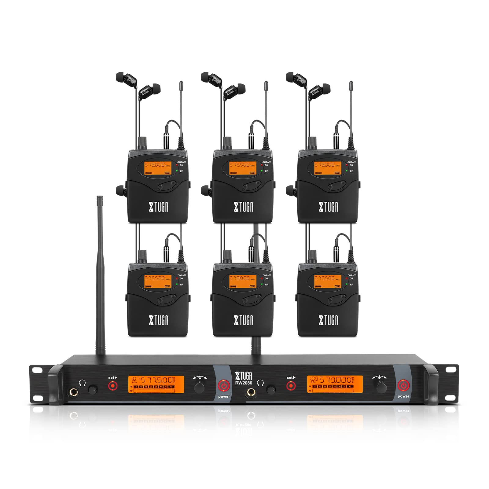 XTUGA RW2080 UHF IEM Wireless in Ear Monitor System, 2 Channel Wireless in Ear Monitor System with in Earphones IEM System 6 Bodypacks, Wireless Range 300Ft, 40 Frequencies 572MHz-599Mhz