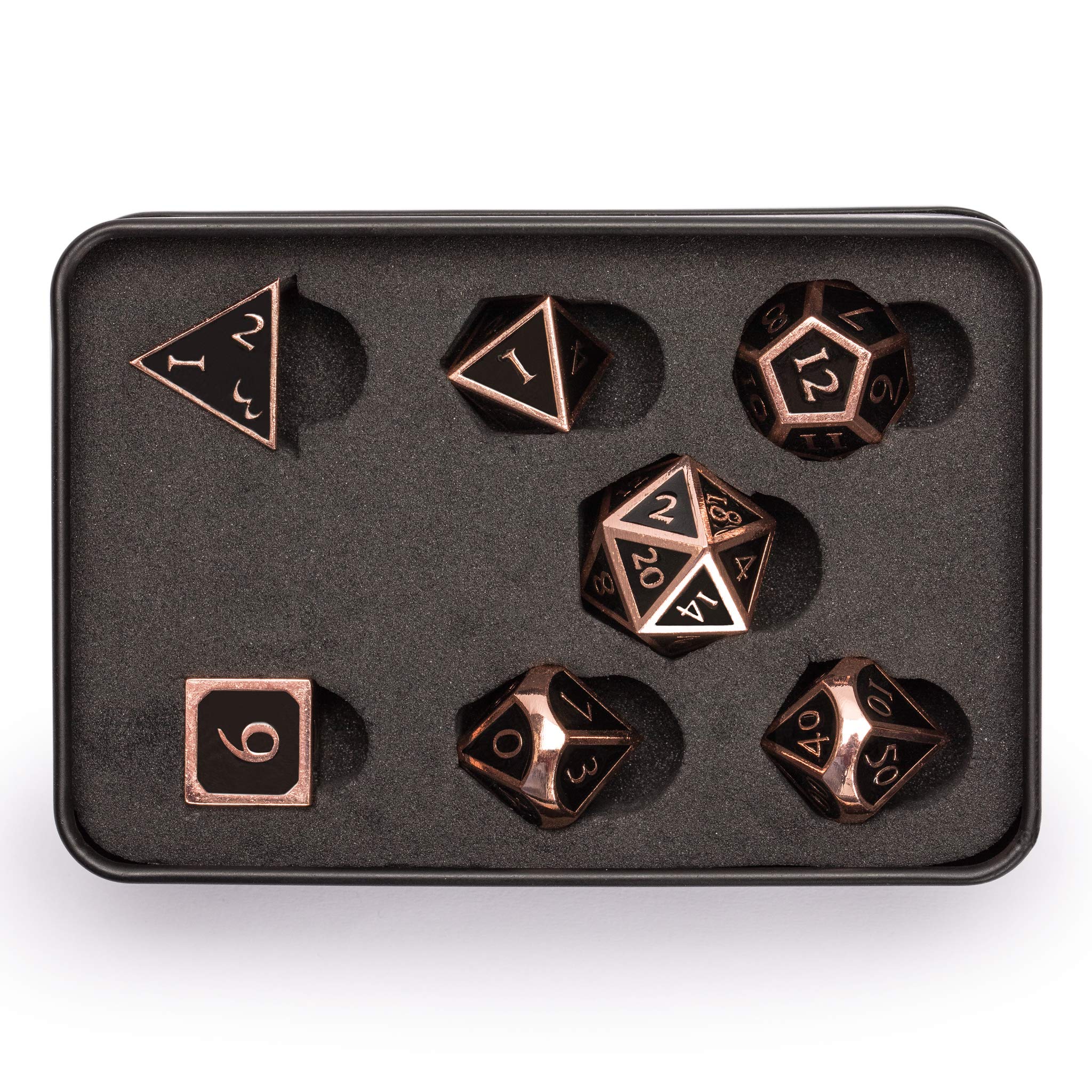 Yellow Mountain Imports Collector's 7 Rose Copper on Black Metal Dice Set with Storage Case, Copper Rose - for Role Playing Games (RPG), DND, MTG, and Other Dice Games - Made
