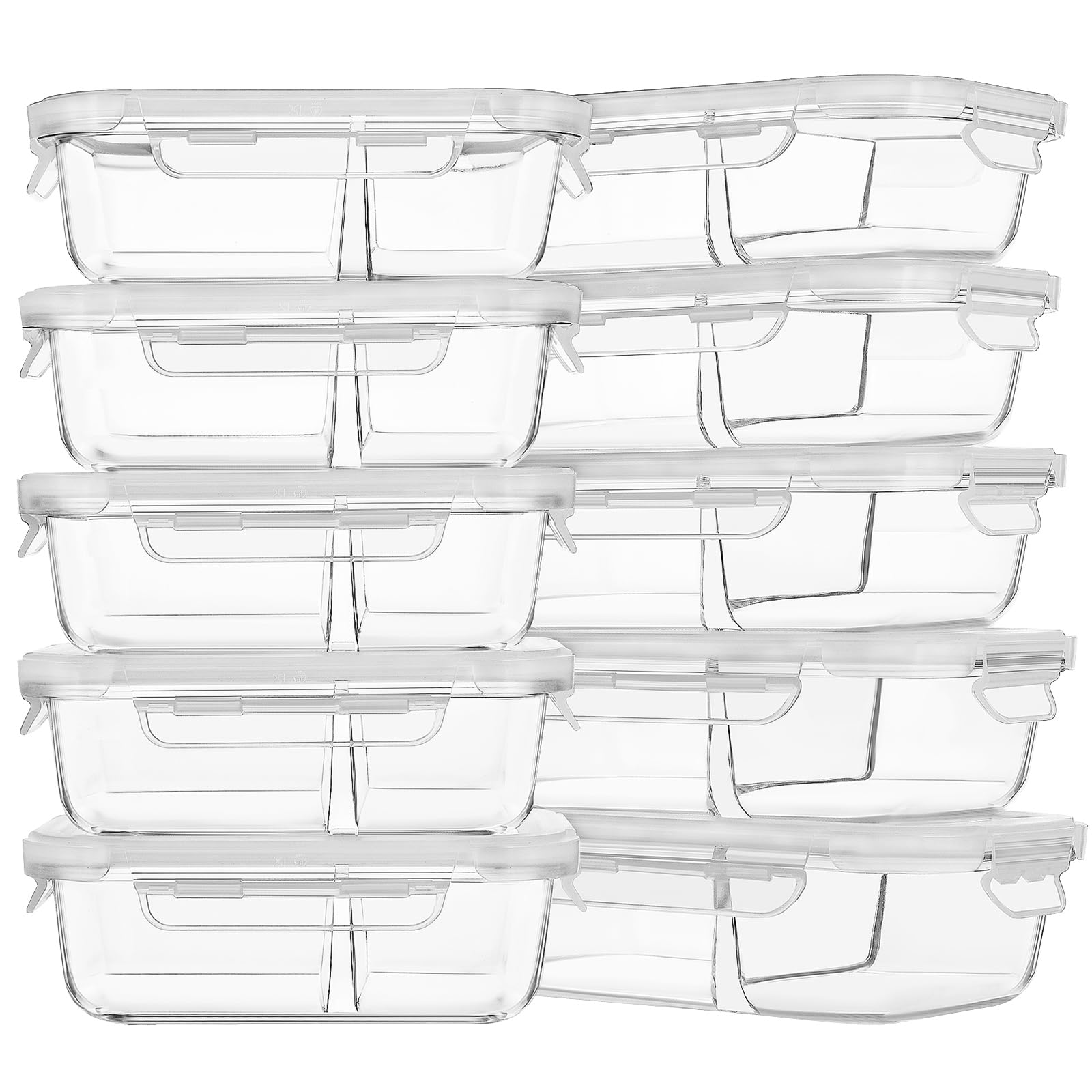 HOMBERKING 10 Pack Glass Meal Prep Containers 2 Compartment, Food Storage Containers with Lids, Airtight Lunch Bento Boxes (10 lids & 10 Containers) - White