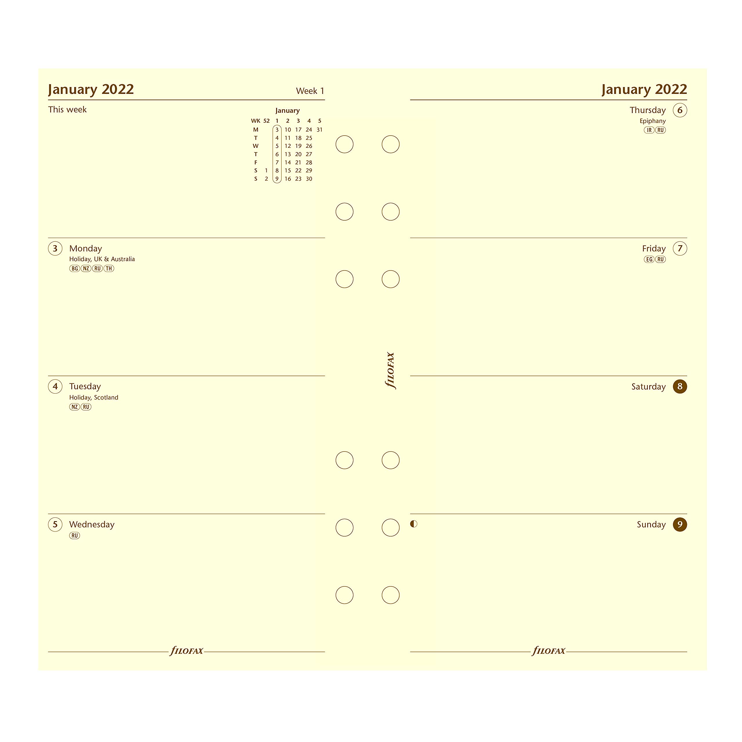 Filofax Refill, Personal/Compact Size, Week-to-View, Cotton Cream Paper, Unruled, English, 2022 (C68424-22)