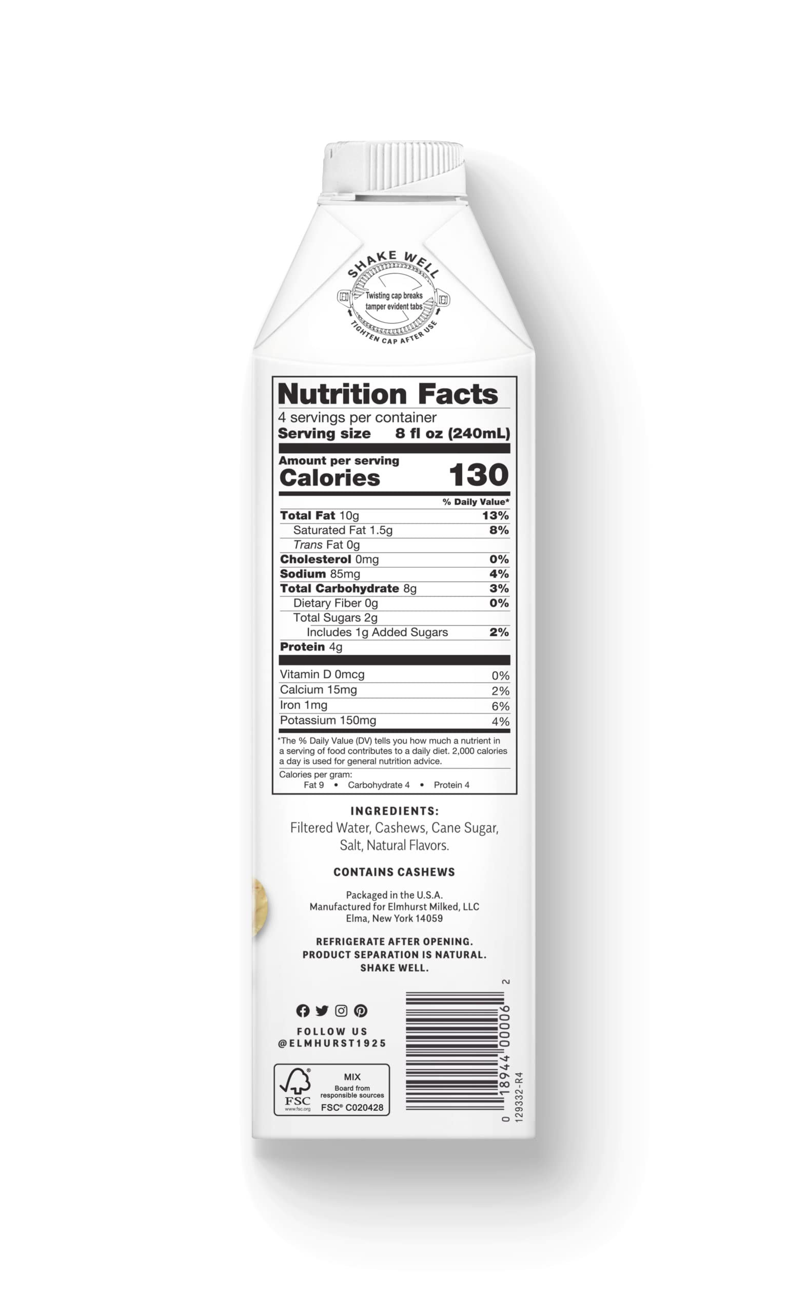 Elmhurst 1925 Milked Cashews Sweetened Cashew Milk, Plant-Based, Dairy Free, 32 Ounce (Pack of 6)