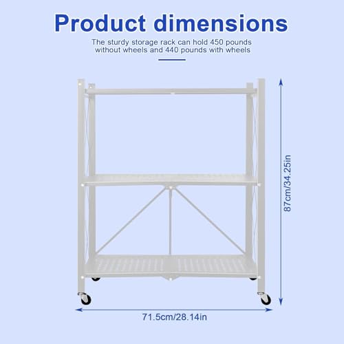OIDSAX Folding Shelf with Wheels, 3 Shelf Metal Shelving Units, Heavy Duty No Assembly Organizer Shelf for Craft Show,Metal Shelving Unit for Kitchen Living Room