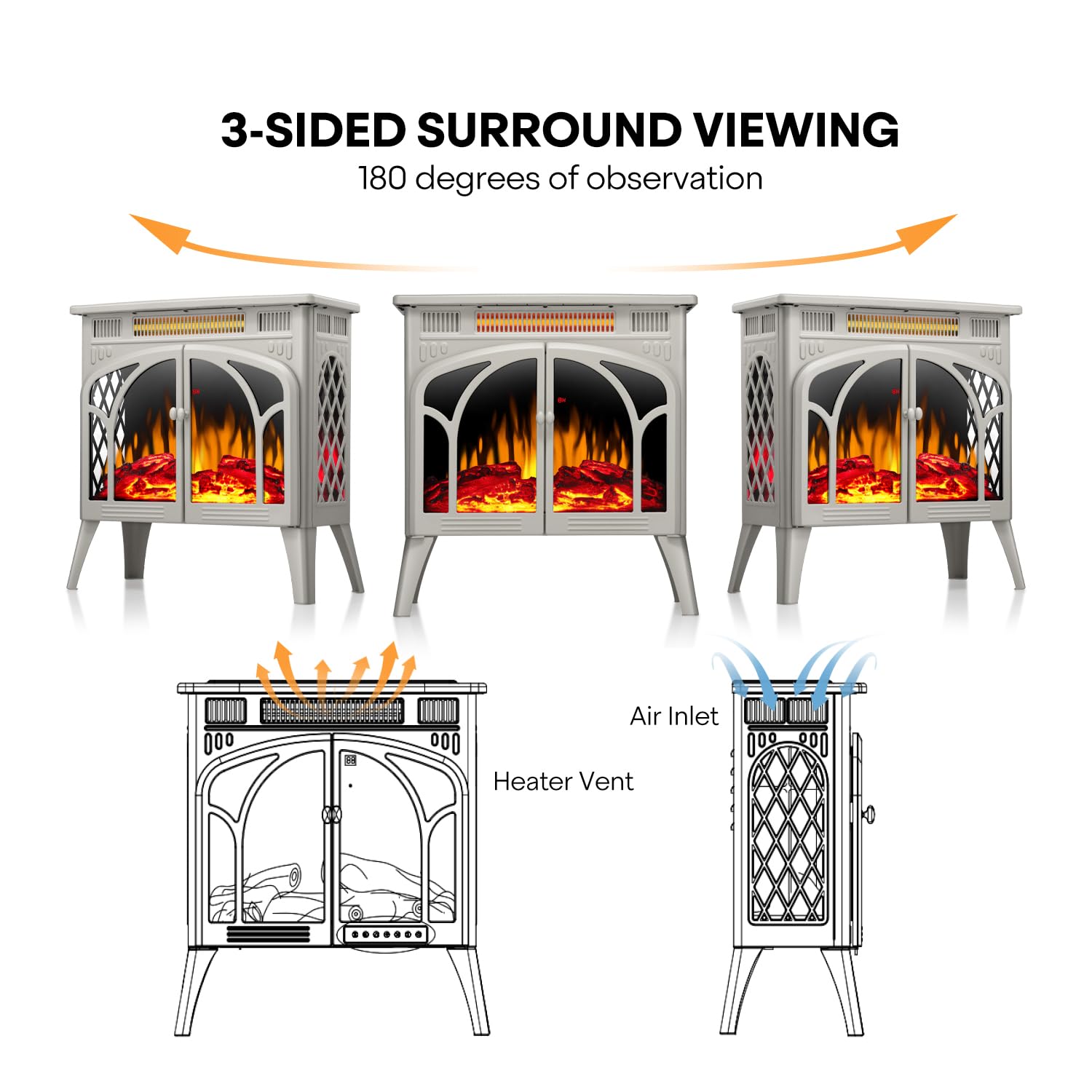 Electric Fireplace Stove Heater with 3D Flame Effect Portable Indoor 23" Freestanding Fireplace 500W/1500W