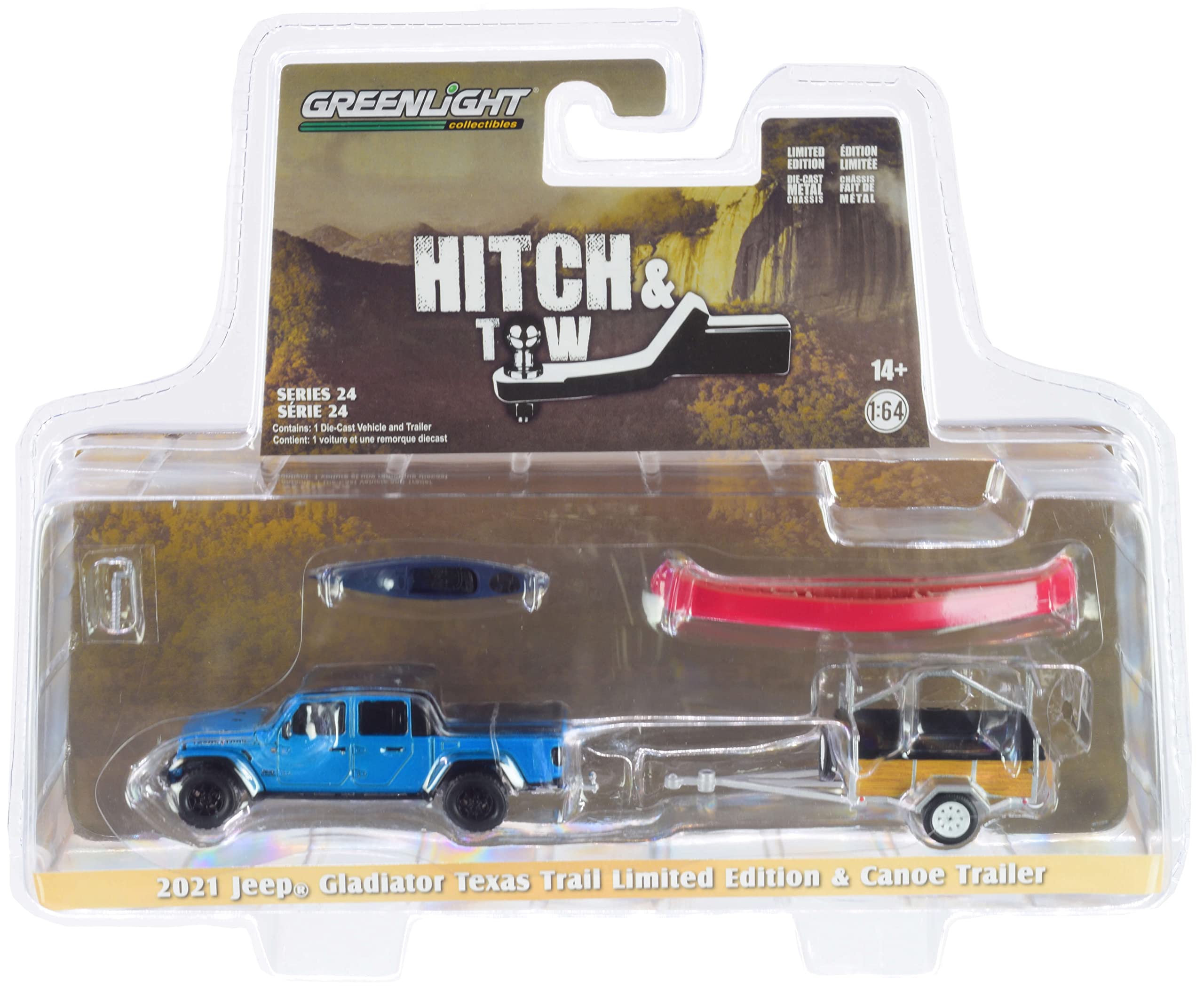 Greenlight 2021 Gladiator Texas Trail Ltd Ed Pickup Hydro Blue Pearl w/Canoe Trailer & Canoe Rack w/Canoe & Kayak 1/64 Diecast Model Car 32240 C