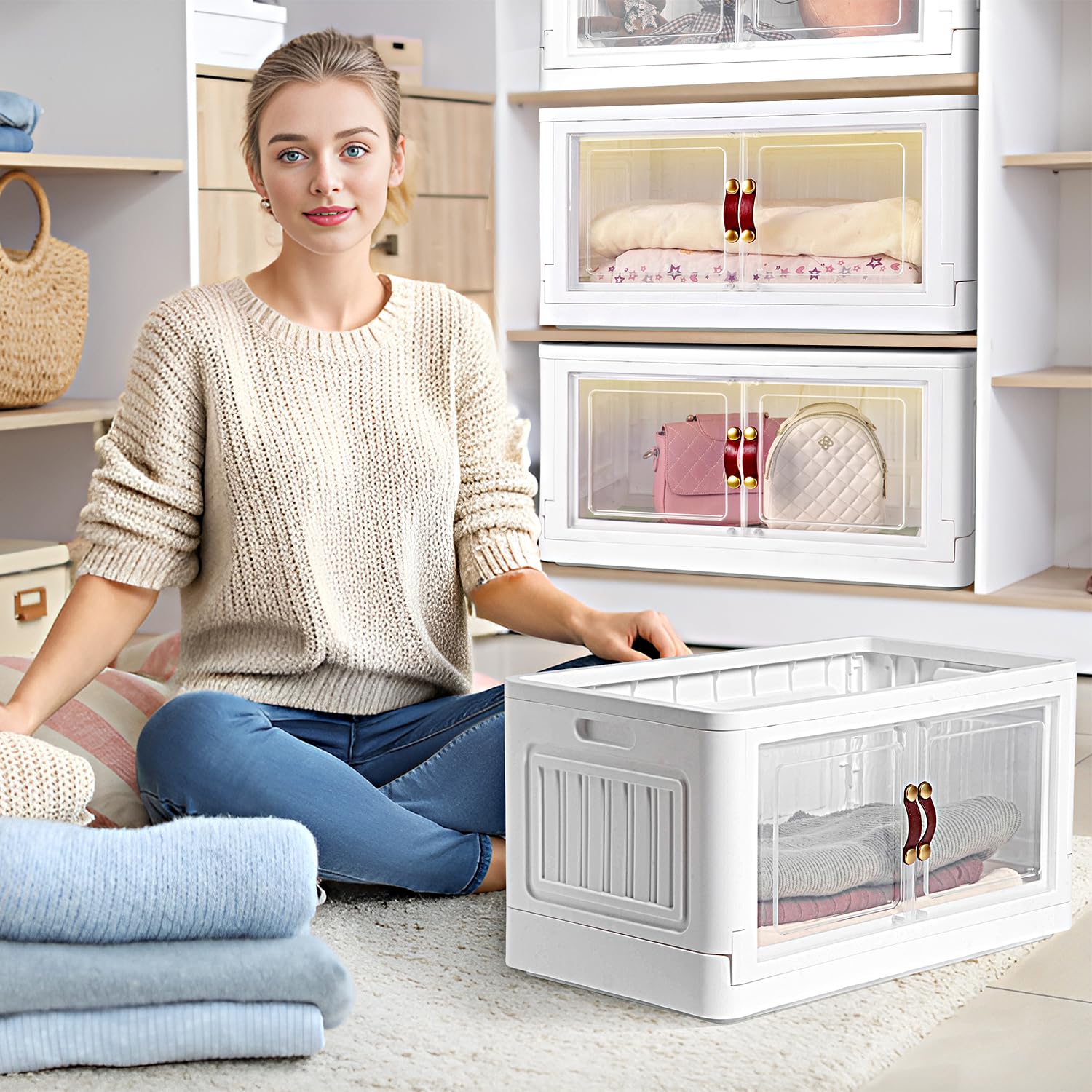 NIRDOG Stackable Storage Bins with Lids - 115 Gallon (455 Quart) - Plastic Collapsible Storage Containers with Wheels, Foldable, Open Front & Open Top, White Acrylic Storage Box - 5 PACK