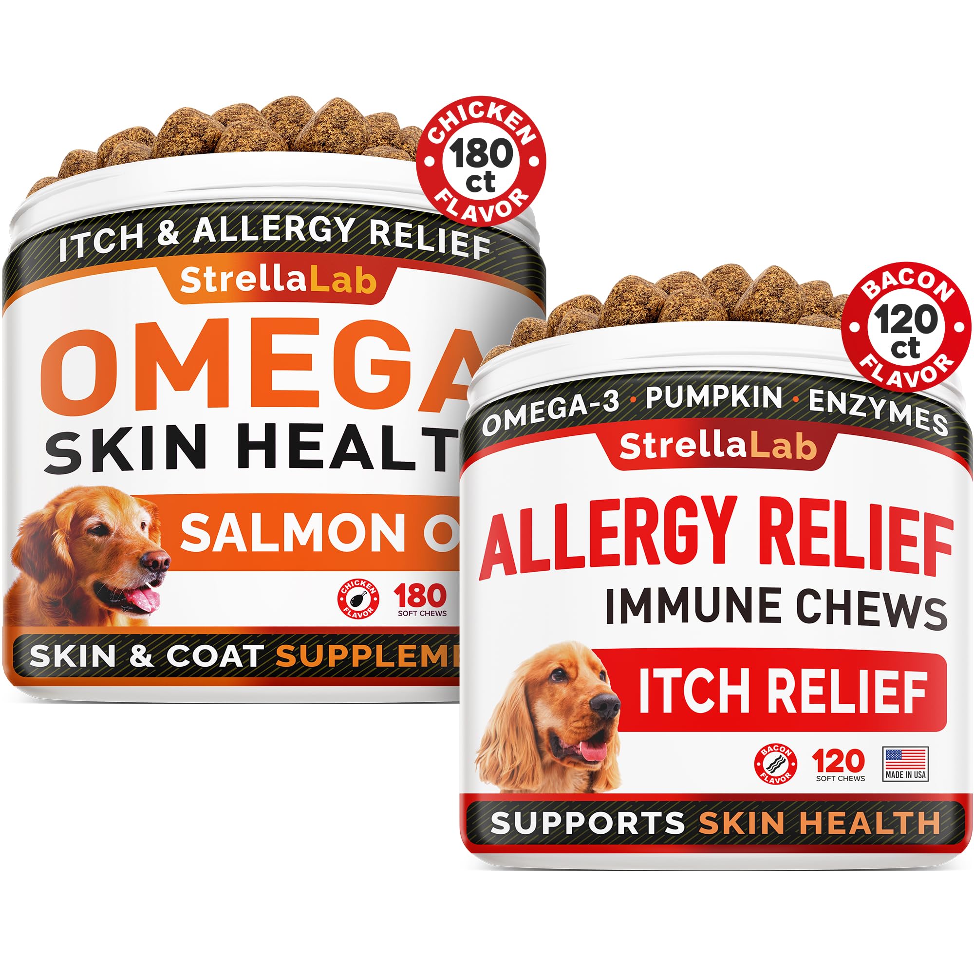 Omega 3 + Allergy Relief Dogs Bundle - Allergy & Itch + Skin & Coat Supplement - Omega 3 & Pumpkin - Itchy Skin +Itching & Licking Treats - 300 Chews - Chicken + Bacon Flavor - Made in USA