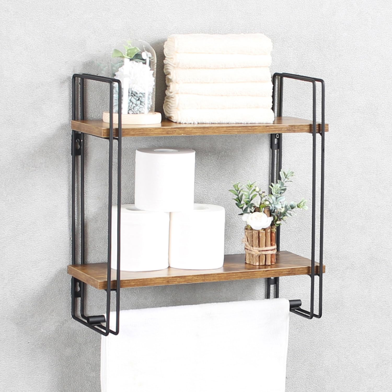 OISSIO Industrial Bathroom Shelves Wall Mounted,Rustic 2-Layer Bathroom Shelf with Towel Bar,Floating Shelves,Black