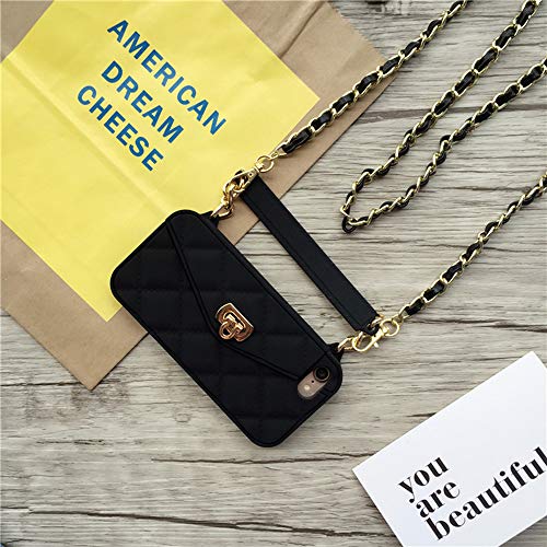 UnnFiko Wallet Case Compatible with iPhone 6 / iPhone 6s, Pretty Luxury Bag Design, Purse Flip Card Pouch Cover Soft Silicone Case with Hand Holder Long Shoulder Strap (Black, iPhone 6 / 6s)