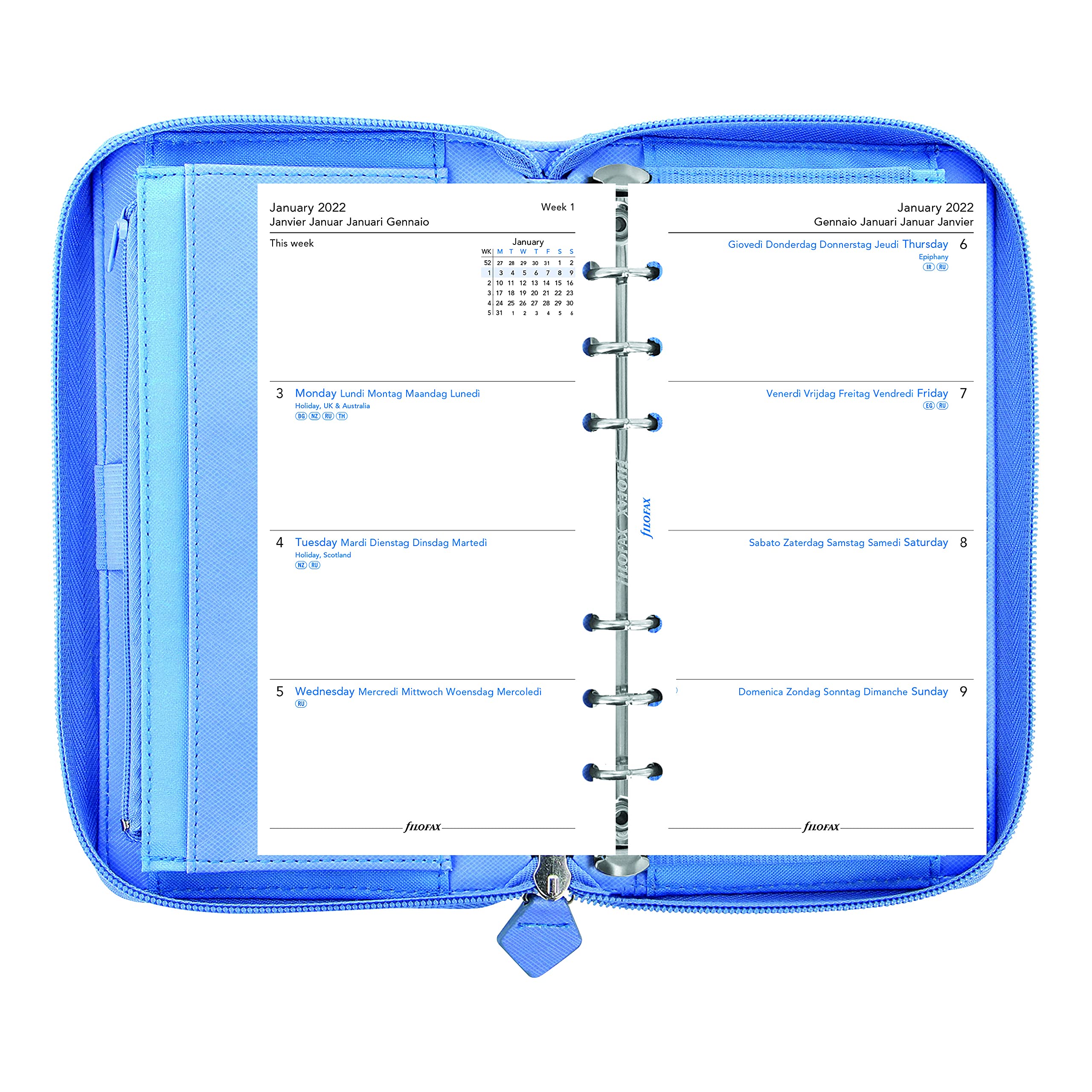 Filofax Saffiano Zip Organizer, Personal Compact Size, Vista Blue - Cross-Grain, Leather-Look, Six Rings, Week-to-View Calendar Diary, Multilingual, 2022 (C022592-22)