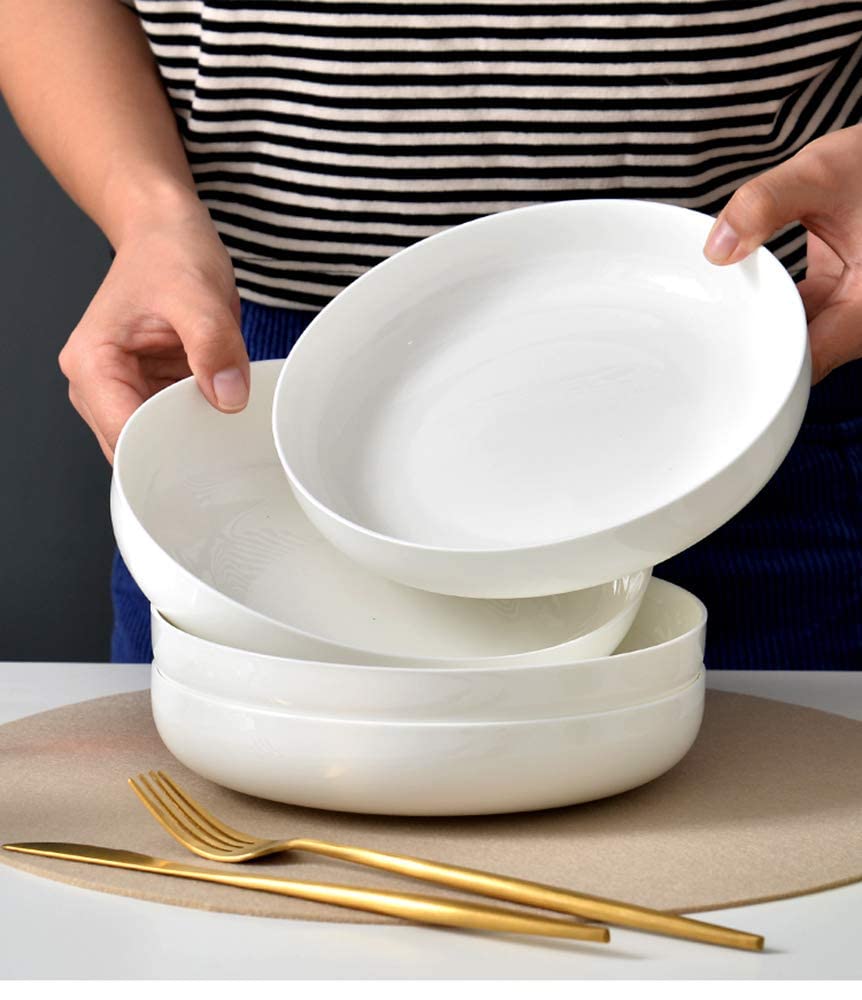 Hesen 8.5 inch Pasta Bowls set of 4, 40 Ounces Shallow Salad Bowl Set, Off White Ceramic Pasta Serving Bowl Plates