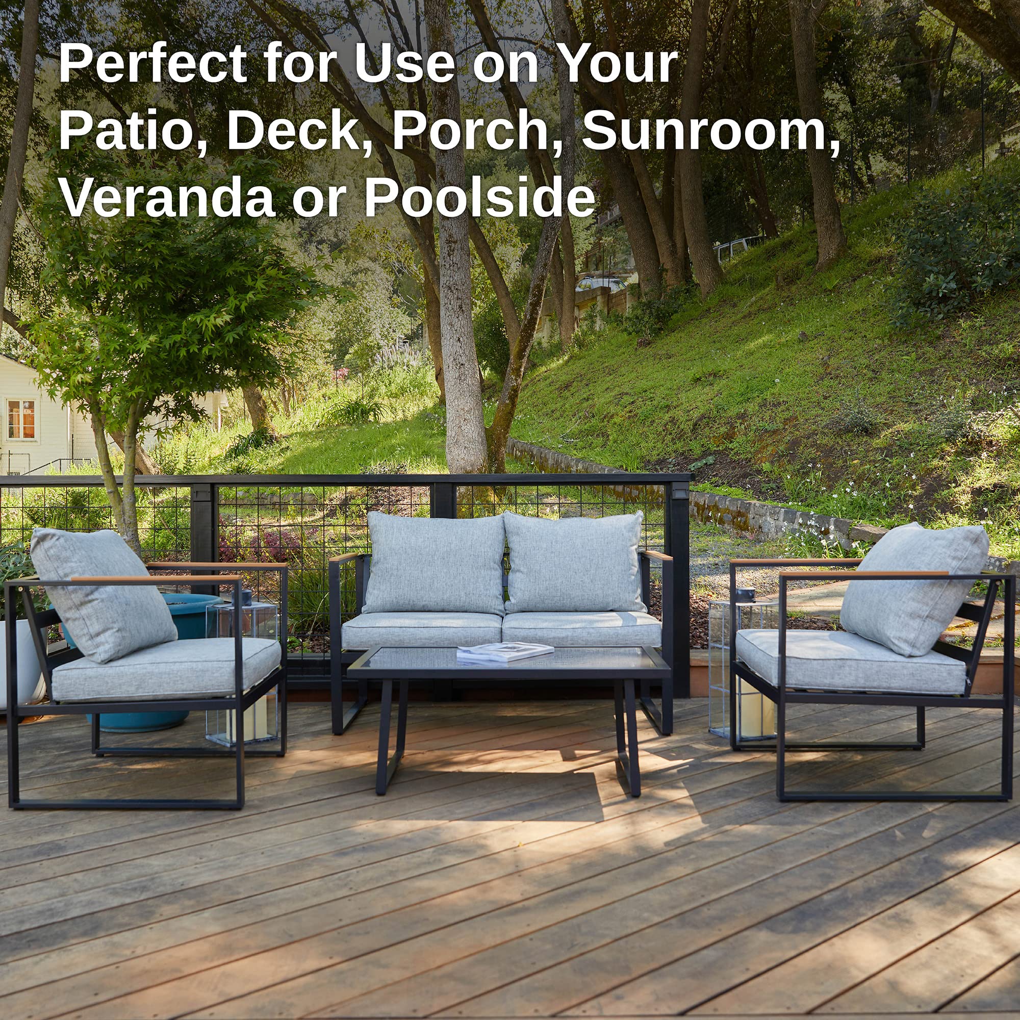 EAST OAK Courtyard Patio Furniture Set, 4-Piece Outdoor Patio Set with Sofa, Removable & Washable Deep Seating Cushion, Tempered Glass Table, Outside Patio Conversation Sets, Black & Light Grey
