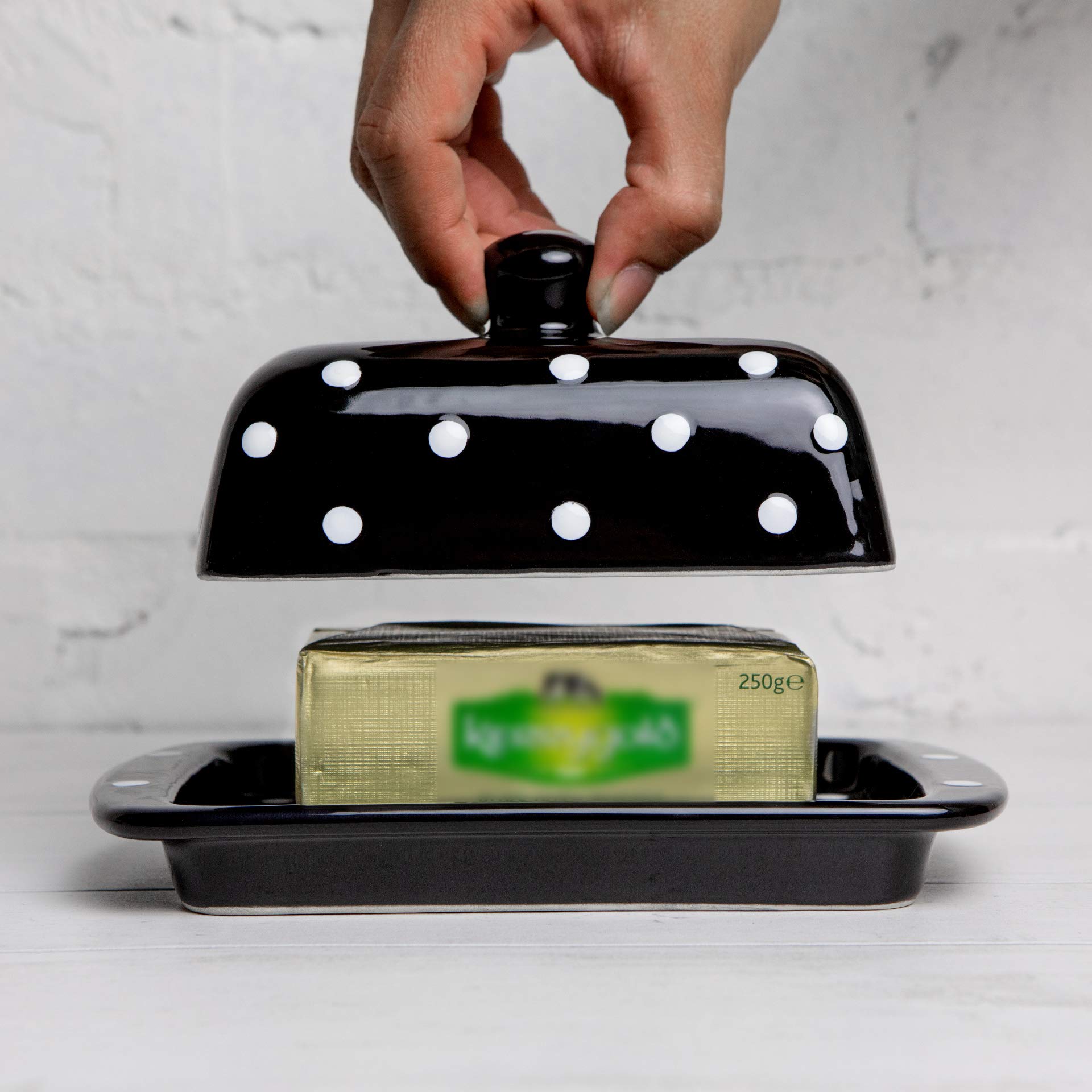 Handmade Ceramic European Covered Butter Dish With Lid | Unique Black and White Polka Dot Pottery Butter Keeper | Housewarming Gift by City to Cottage