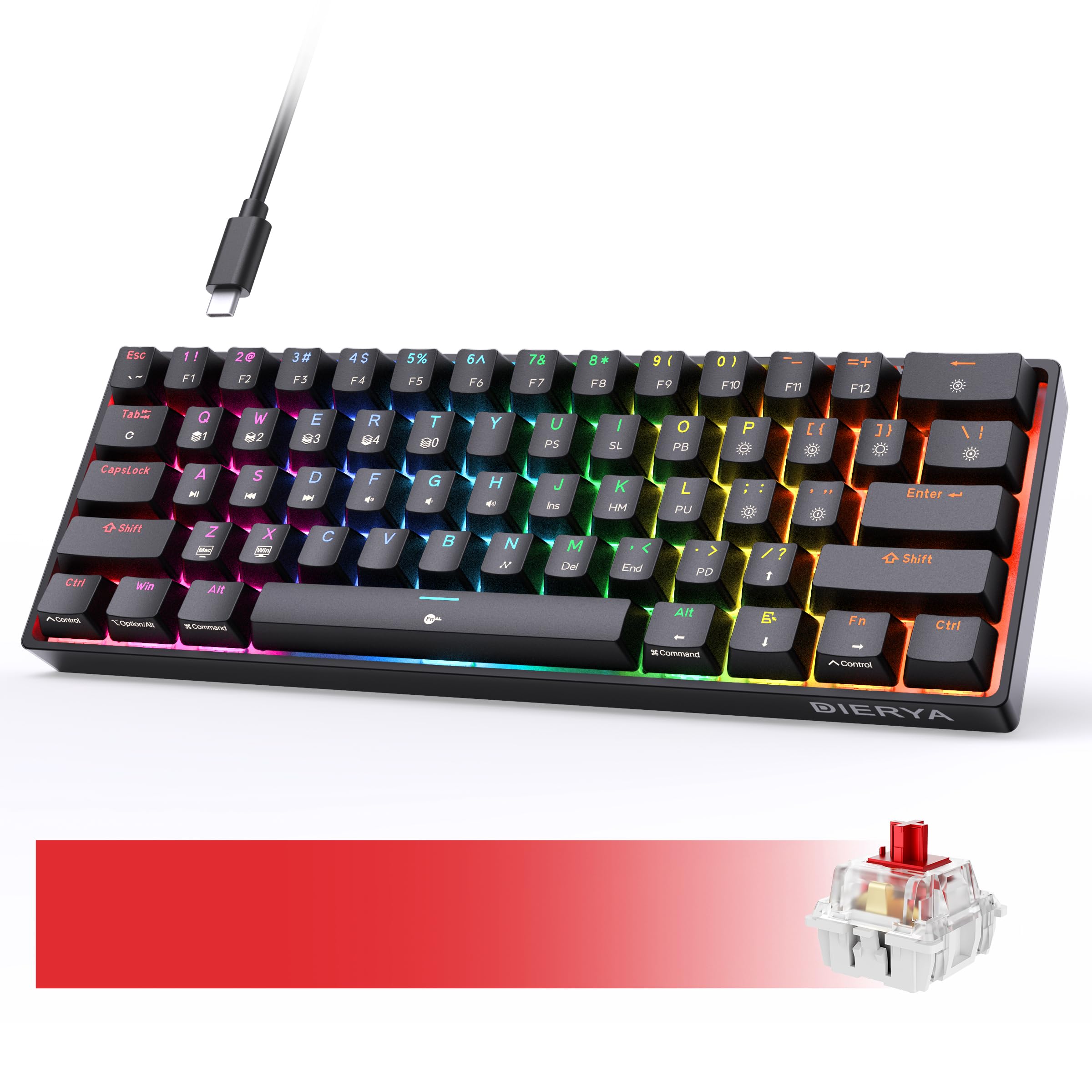 DIERYA DK61E Mechanical Gaming Keyboard, 60% Percent Keyboard w/Hot-swappable, PBT Keycap, Full Keys Programmable, N-Key Rollover, RGB Backlit, USB-C, Ultra-Compact Mini Wired Keyboard w/Red Switch