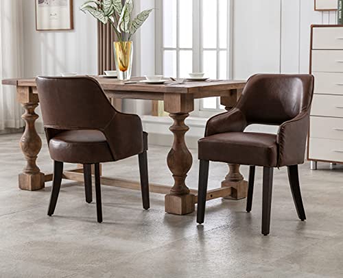 Kmax PU Leather Dining Chairs Set of 2 Upholstered Side Chairs Farmhouse Accent Chairs with Open Back Wood Legs for Dining Room Guest Room Restaurant, Brown
