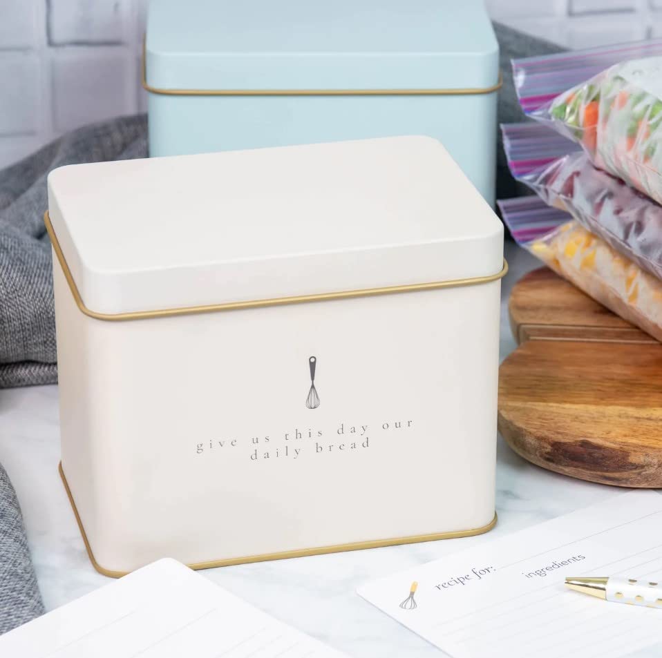 PPP Recipe Tin in Cream | Classic and Neutral | Includes 25 Blank Recipe Cards | Gold Metallic Interior | w/Whisk Design Printed | Made from Heavy Steel | Decorative Recipe Box Holder