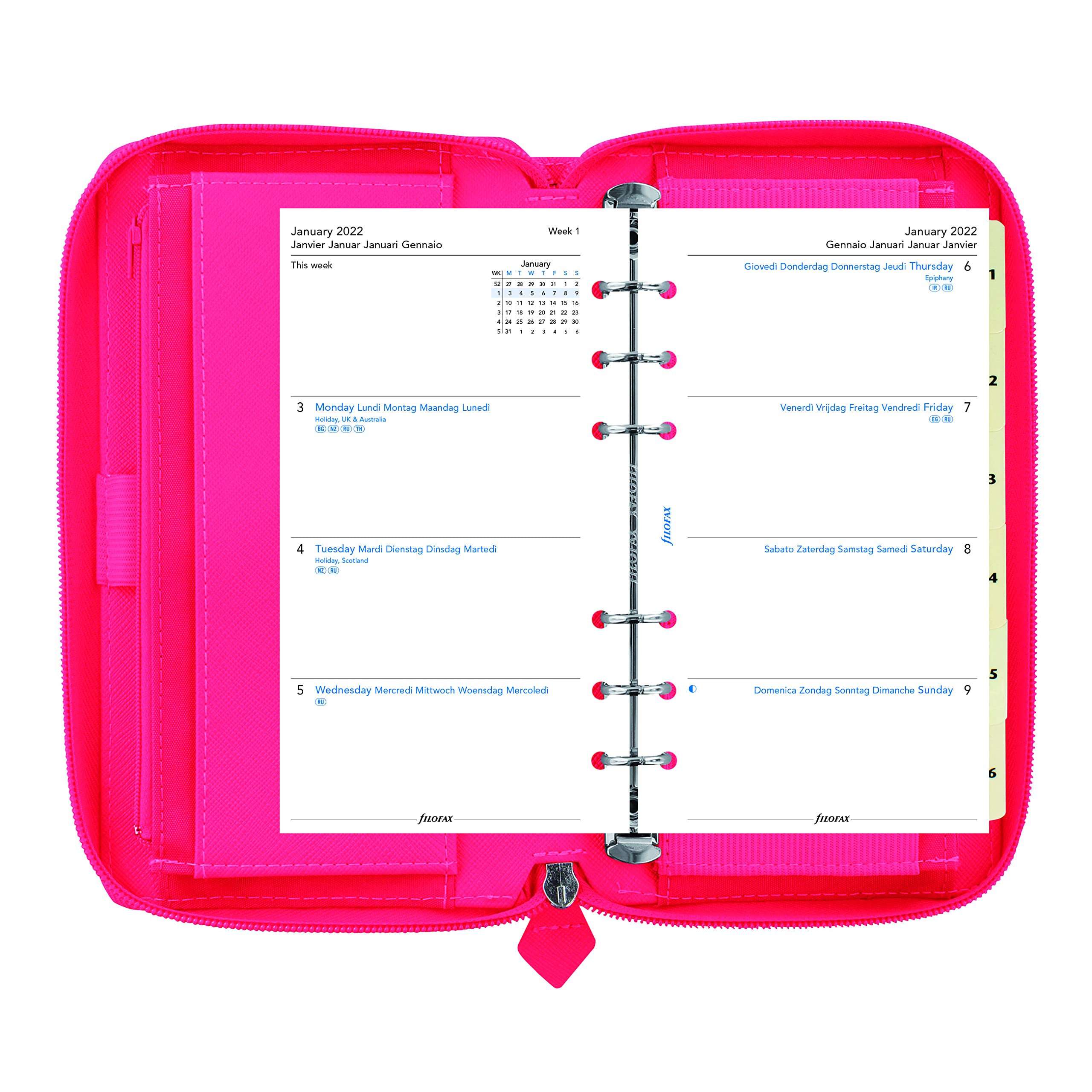 Filofax Saffiano Fluoro Zip Organizer, Personal Compact Size, Fluoro Pink - Cross-Grain, Leather-Look, Six Rings, Week-to-View Calendar Diary, Multilingual, 2022 (C028751-22)