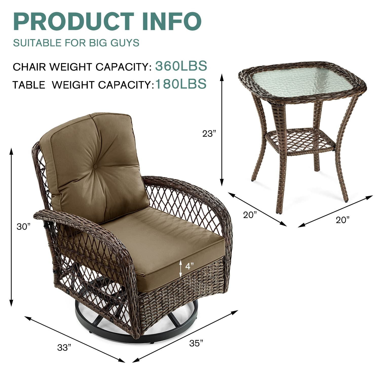 IMUsee Patio Furniture Set, 3 Pieces Swivel Rocking Chairs Outdoor Wicker Patio Bistro Set with Thick 4" Cushions, Brown & Khaki