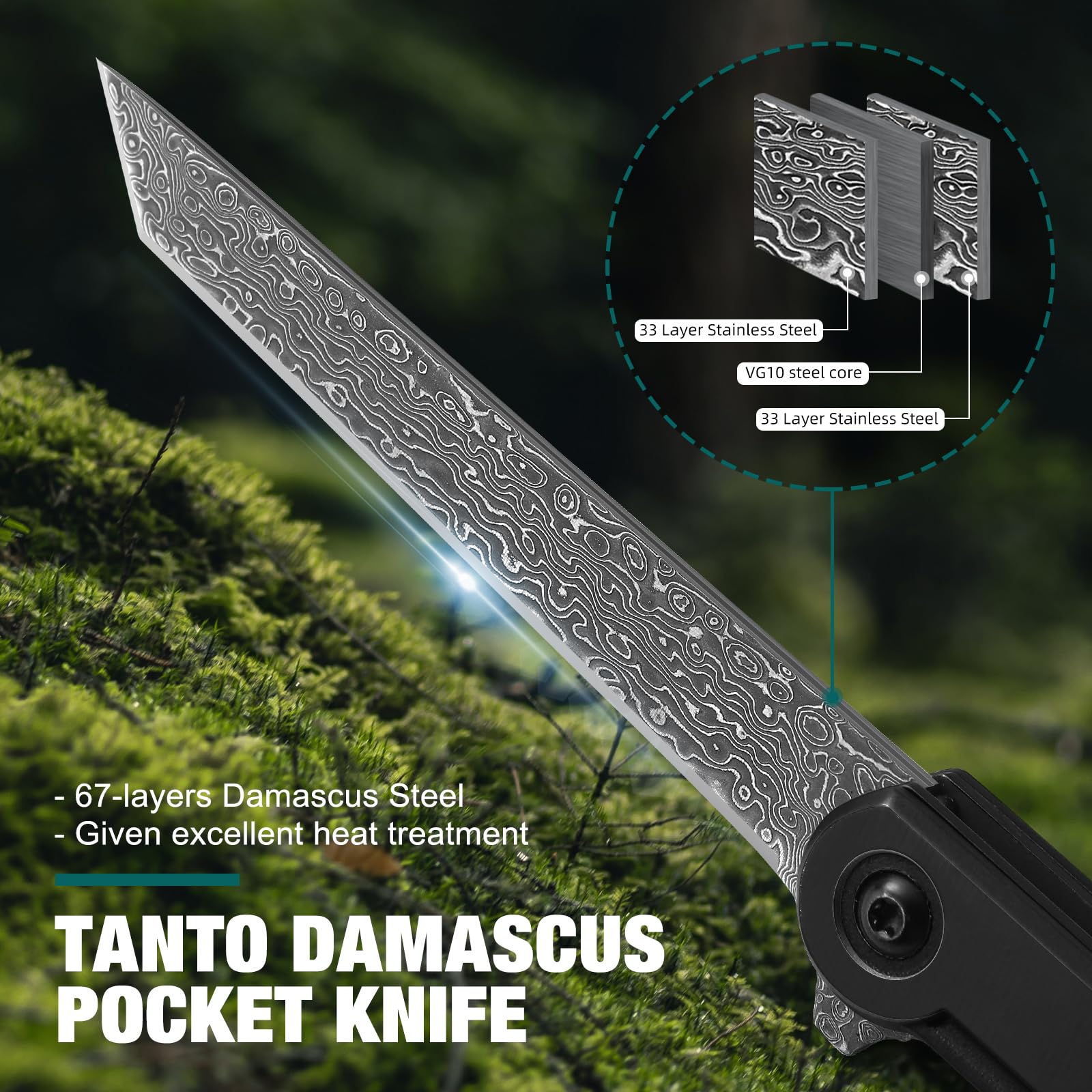 DRACHENADER Slim Damascus Pocket Knife for Men/Women, Tanto Knife Gentleman's Pocket Knives Small EDC Knife, Handmade 67 Layers VG10 core Damascus Blade, as Gift and Tool